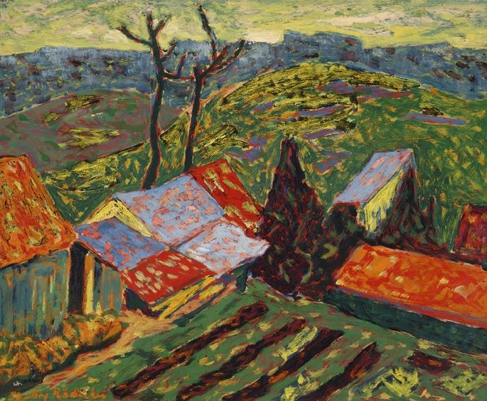 Max Rädecker | A landscape with hills and houses (1950) | MutualArt