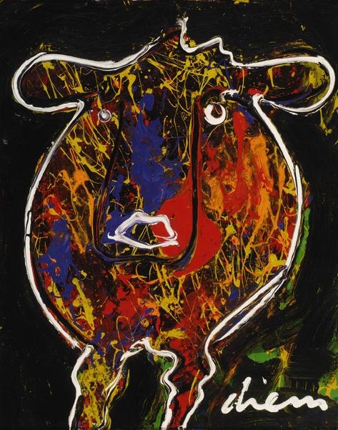 Peter Diem | 2 works: Cow on a black background; Cow on a green ...