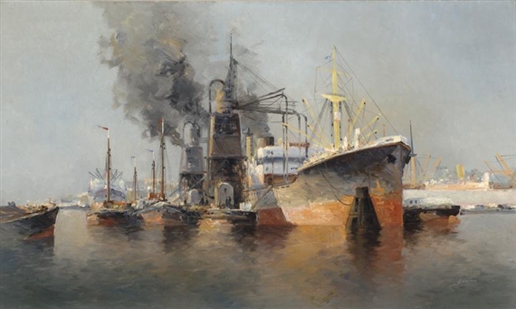 Marinus Johannus Drulman | Ships under steam in the harbour of ...