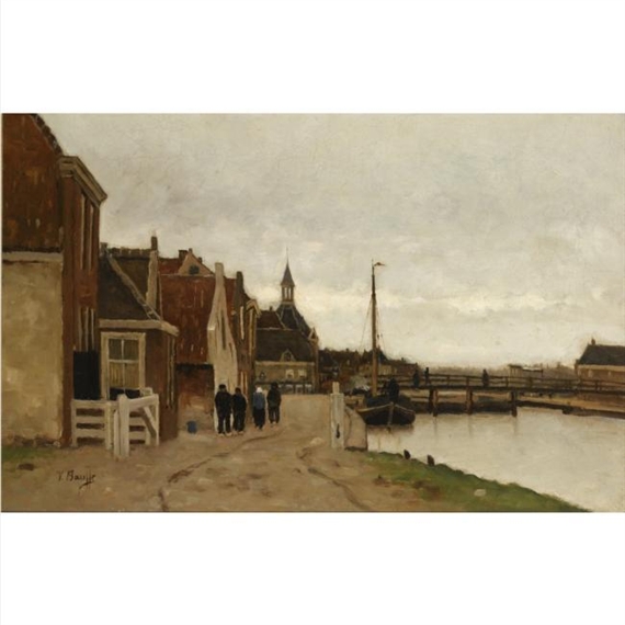 Victor Bauffe | A Polder landscape with a windmill along a river ...