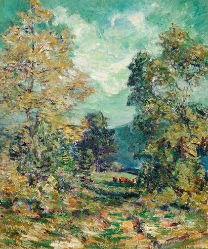 William Henry Singer | Mountainous landscape with trees and cows ...