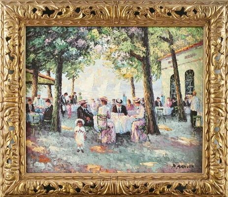 P. Arnoux | Cafe scene in the garden (20th Century) | MutualArt