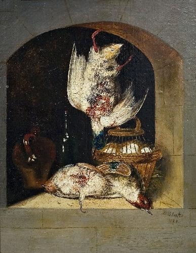 Benjamin Blake | STILL LIFE WITH BIRDS, BASKET JUGS (1828) | MutualArt