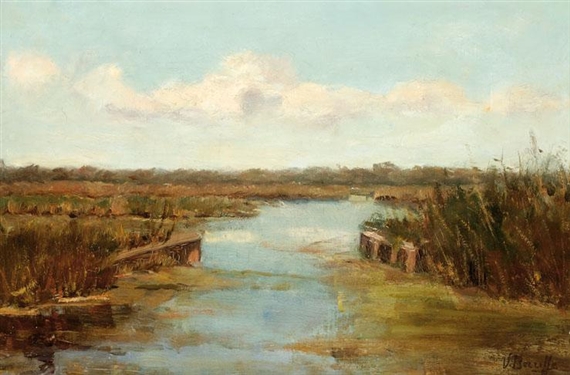 Victor Bauffe | A Polder landscape with a windmill along a river ...