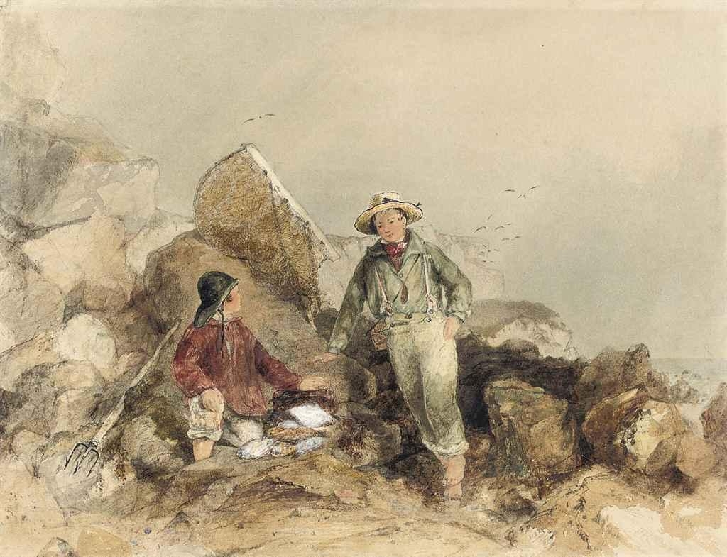 Frederick Barry | Two works : Two fisherboys with their catch on the ...