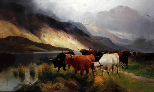 Harald R. Hall | Highland cattle by a lochside | MutualArt