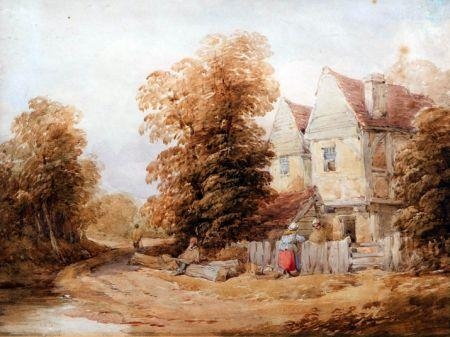 George Vincent | Country Lane with Figures by a Cottage | MutualArt