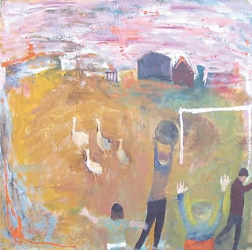 Mary Newcomb | Village with a figure and goats (1963) | MutualArt