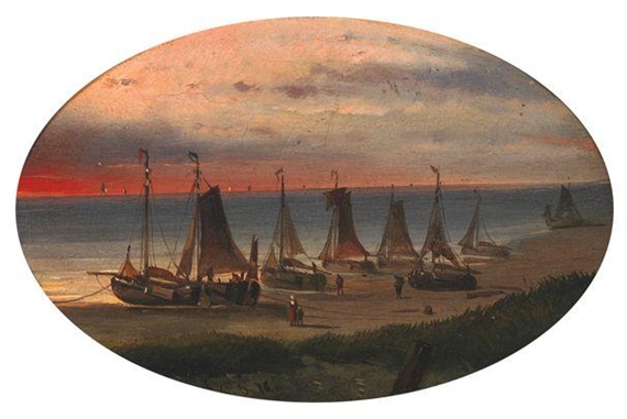 Jan Gerard Smits | Flatboats on the beach (1876) | MutualArt