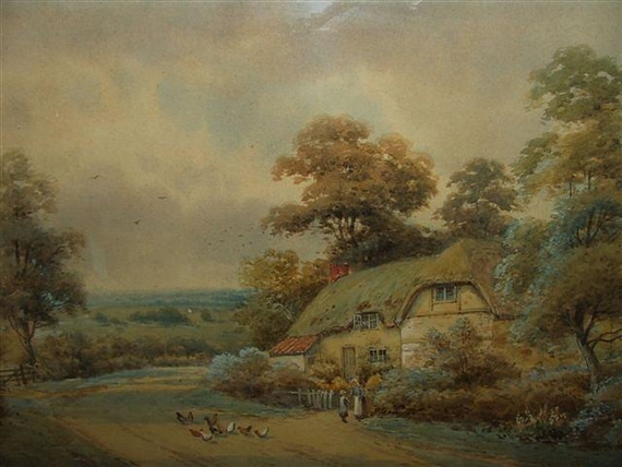 Harold Lawes | Figures and chickens on a country lane | MutualArt