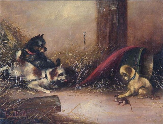 Frank Wormald Cassell | 2 works: Terriers ratting in a barn, a pair ...