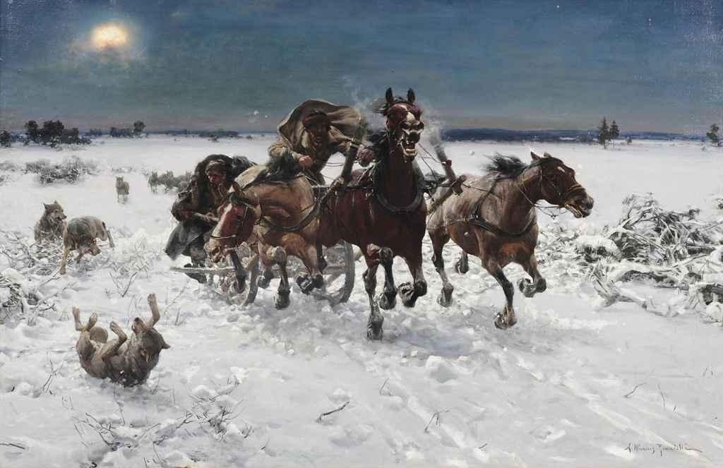 Alfred von Wierusz-Kowalski | Wolves in pursuit | MutualArt