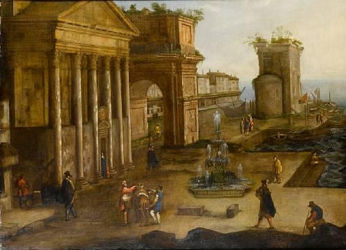 Viviano Codazzi | A capriccio of an ancient Roman harbour | MutualArt