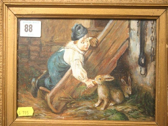 D. Lambert | Interior stable scene with little boy feeding carrots to ...