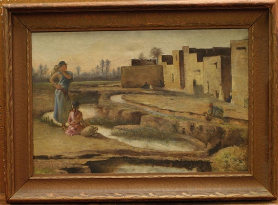 K.R. Moulton | Women Gathering Water Outside Pueblo | MutualArt