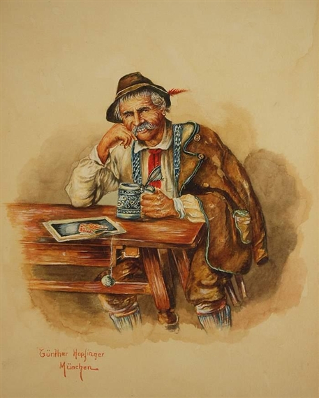 Gunther Hopfinger | Hunters with a beer mug and playing cards | MutualArt