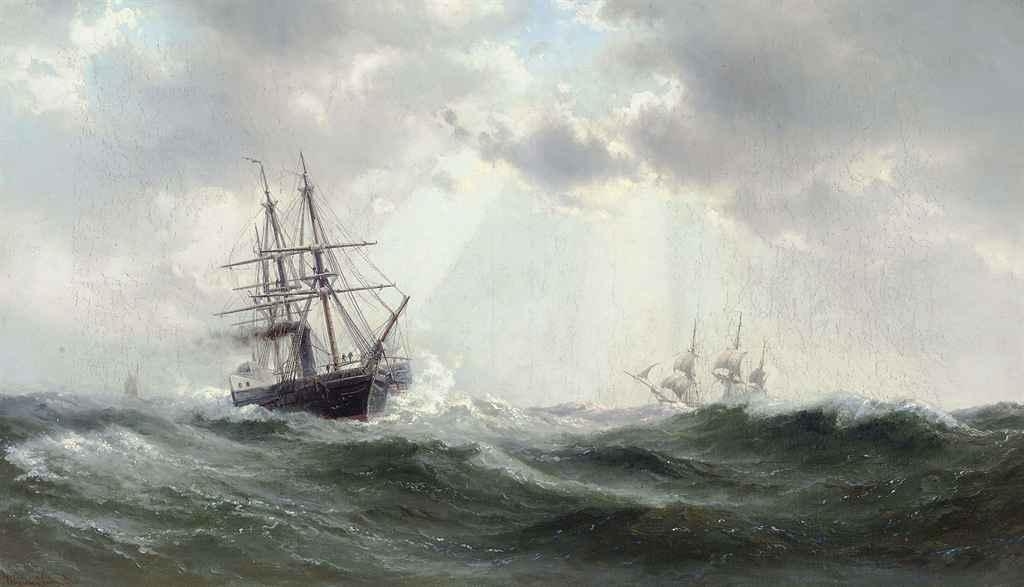 Vilhelm Melbye | A paddlesteamer and other shipping in a heavy swell ...