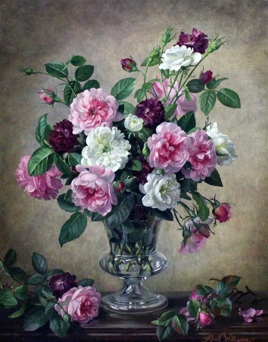 Albert Williams | Pink and white roses in a glass vase | MutualArt