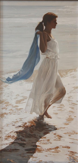Lluis Ribas | Young Woman walking in the Surf (20th Century) | MutualArt