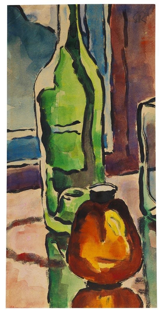 Karl Schmidt-Rottluff | Still life with bottle and flowers (1940s) | MutualArt