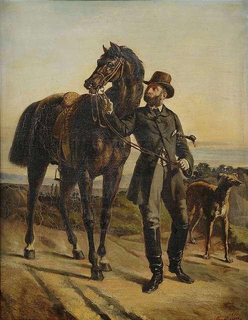Eugene Beyer | Portrait of a gentleman rider with his black horse and a ...