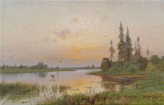 Semyon Platonov | Extensive landscape at a lake at sunset | MutualArt