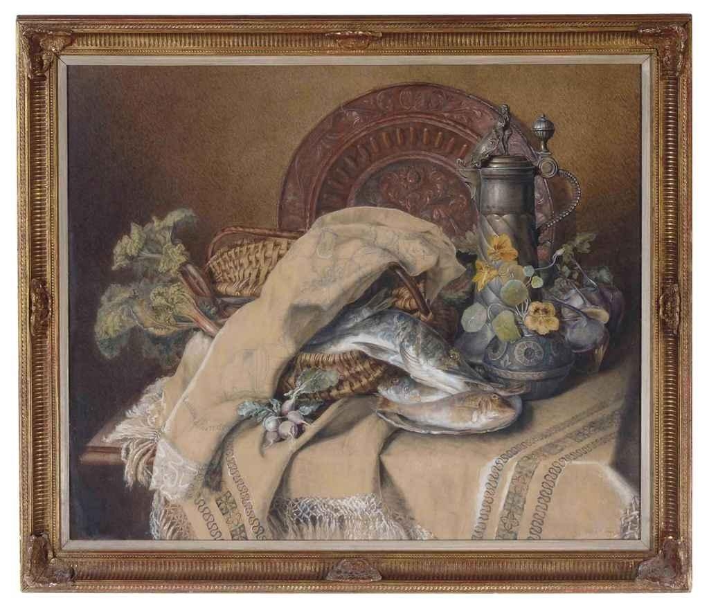 German School, 19th Century | Still life of fruit and fish with pewter ...