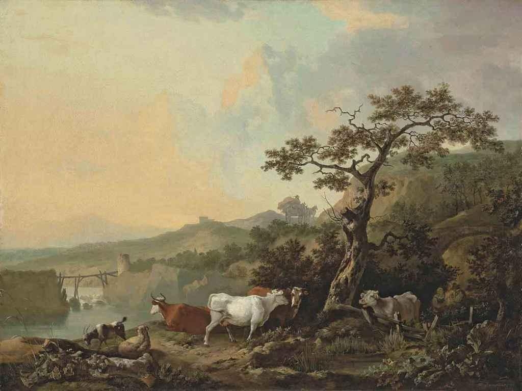 Philip Reinagle | A river landscape with livestock, a wagon on a track ...