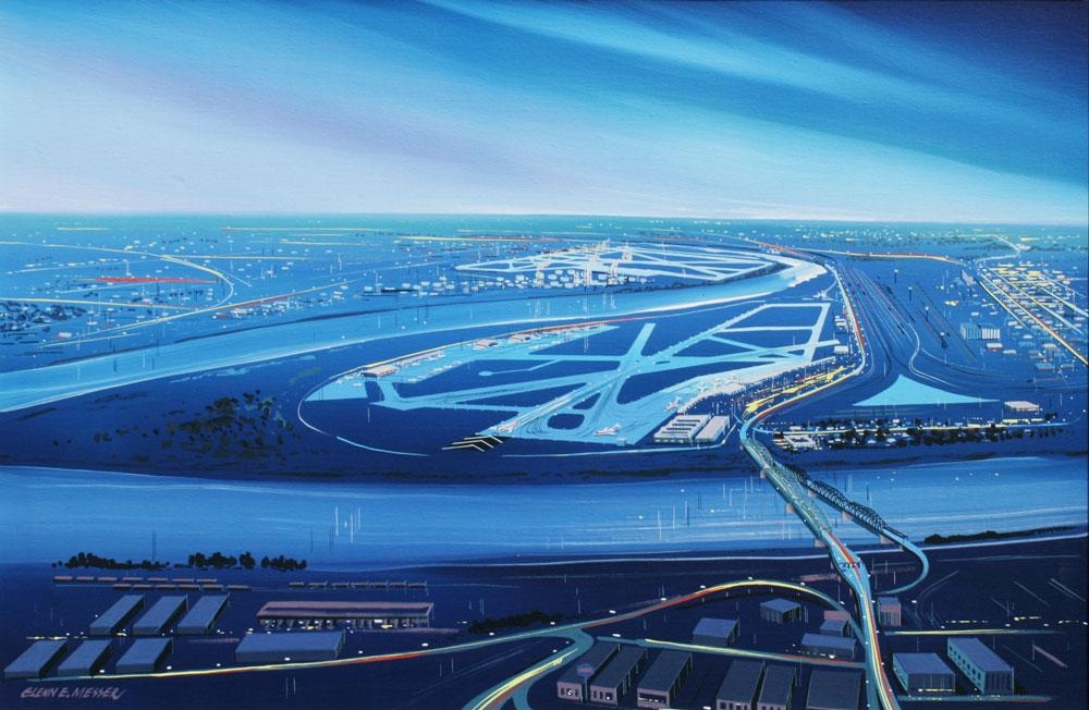 Glenn Messer | Aerial City Scene of Highway and Airport | MutualArt