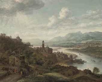 Robert Griffier | A Rhenish river landscape with peasants dancing ...