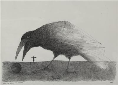 Paul Flora | Rabe mit Kugel und Scheuche | MutualArt