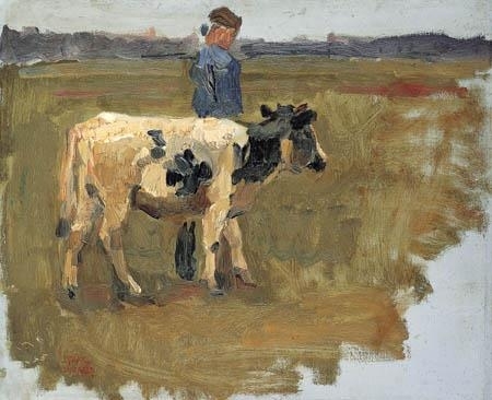 Isaac Israëls | A lad and a cow in the meadow | MutualArt
