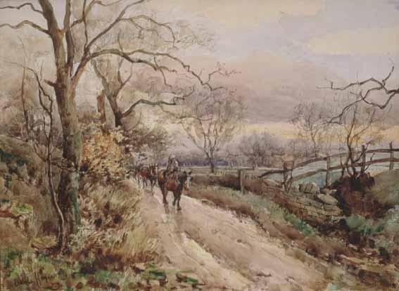 Claude Hayes | A RIDER LEADING A PACK OF HORSES DOWN A COUNTRY LANE ...