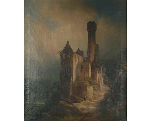 Theodor Verhas | A traveller outside a ruined castle, with a river ...