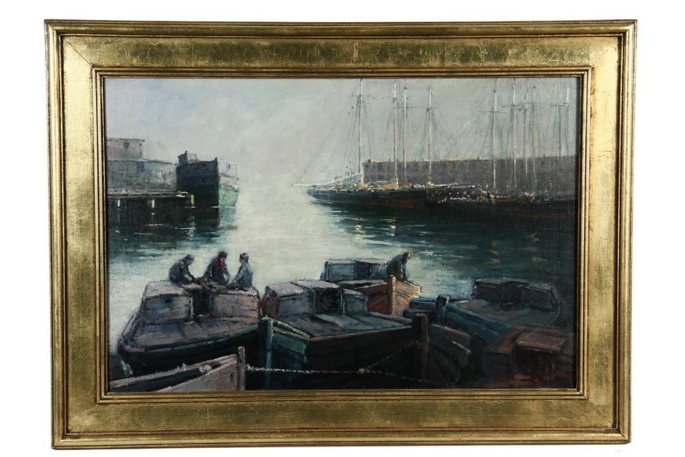 Edward A. Page | Harbor Scene with Barges and Schooners at Warehouses ...
