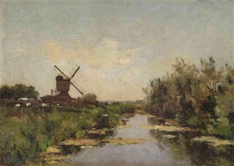 Victor Bauffe | A Polder landscape with a windmill along a river ...