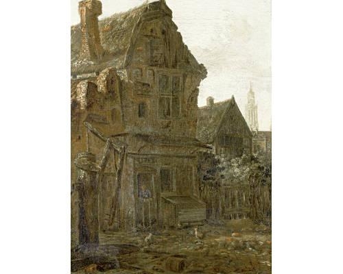 Emanuel Murant | A courtyard in a village, with a church tower in the ...