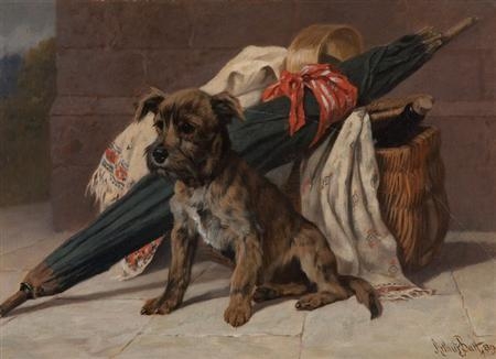 Arthur Batt | A girl with donkeys and a dog (1881) | MutualArt