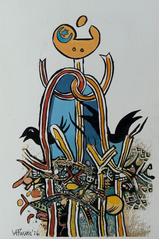 Ahmed Parvez | Abstract composition with black birds and minaret at top ...