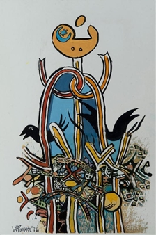 Ahmed Parvez | Abstract composition with black birds and minaret at top ...