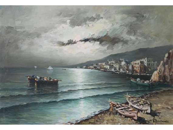 R. Beltrame | Italian coastal scene with moored boats and two in the ...