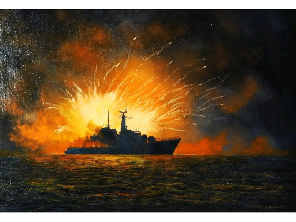 HMS Antelope explodes in San Carlos Water. Artwork by E.D. Walker ...