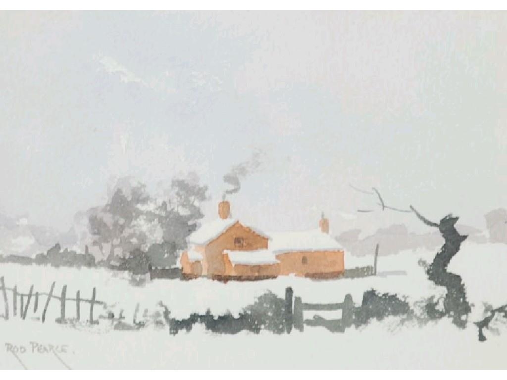 Rod Pearce | 2 works: rural snow scenes of cottages within snow covered ...