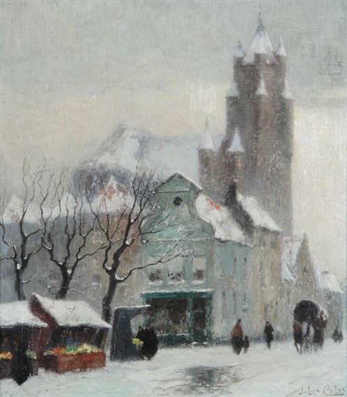 Celos Julien | Animated winter city view with fruit merchants | MutualArt