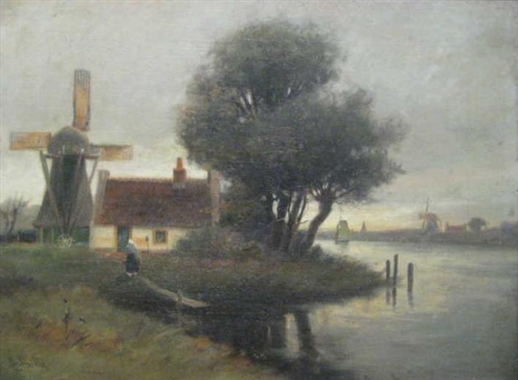 George Linton Herdle | Dutch cottage with windmill | MutualArt