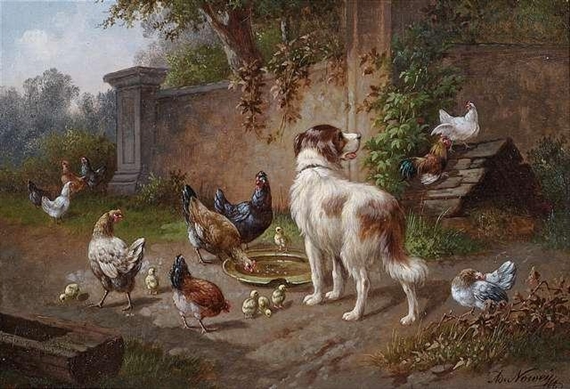 Adolf Nowey | Poultry and a dog at a park wall | MutualArt