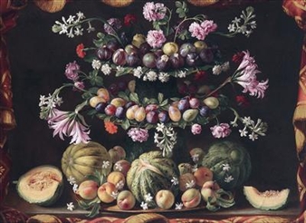 Giovanni Stanchi | 2 Works: Watermelons, peaches, pears and other fruit ...