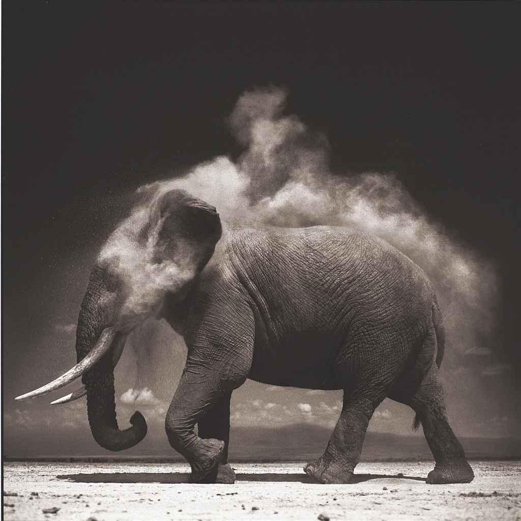 Nick Brandt | Elephant with exploding dust, Amboseli (2004) | MutualArt