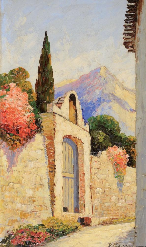 Xavier Sager | Portail et mur fleuri au pied de la montagne | MutualArt