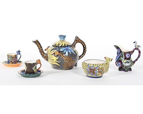 Ardmore Ceramics | Giraffe tea pot with two cups and saucers, a milk ...